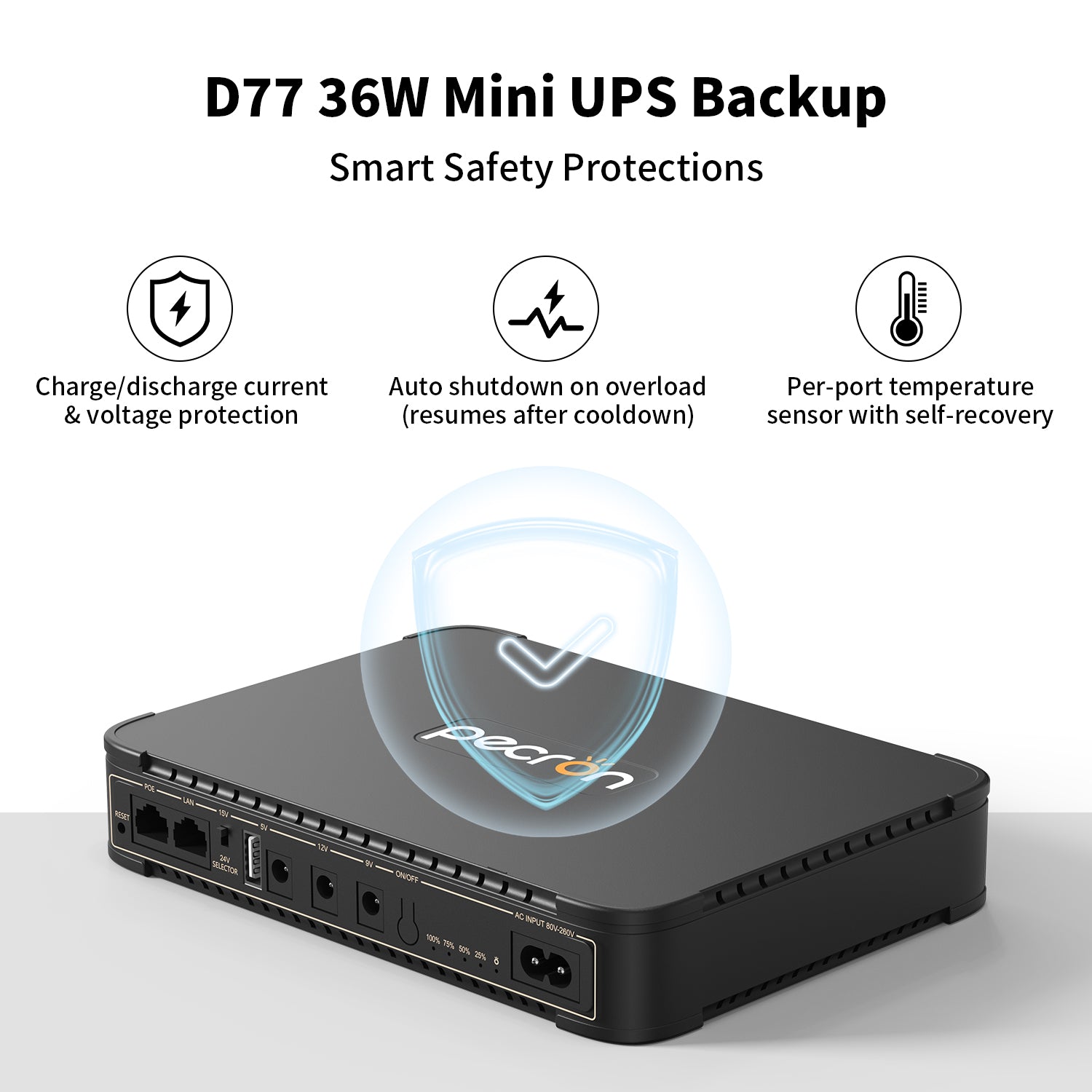 Pecron D77 DC UPS Battery Backup, 76.96Wh Small UPS for WiFi Router/Mo